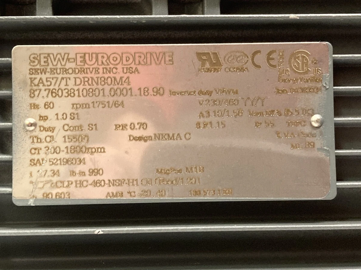 Sew Eurodrive FA77/G DRN80M4 Gearmotor 11rpm 3ph 1hp, 52% OFF