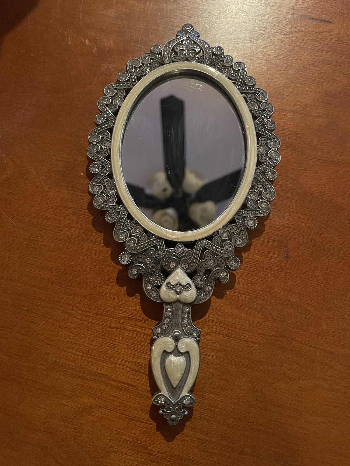 Vintage Silver tone and crystal hand mirror-Elegant ornate detailing ...