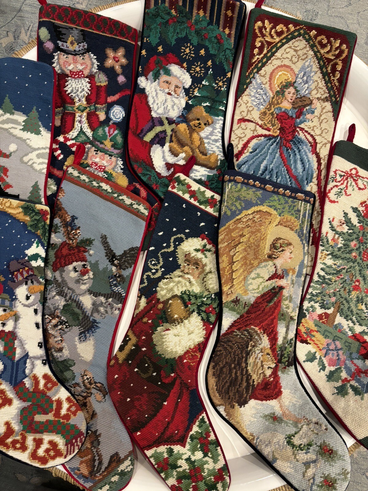 17.x7”- I have 9 Vintage Needlepoint Christmas Stockings - One Santa ...
