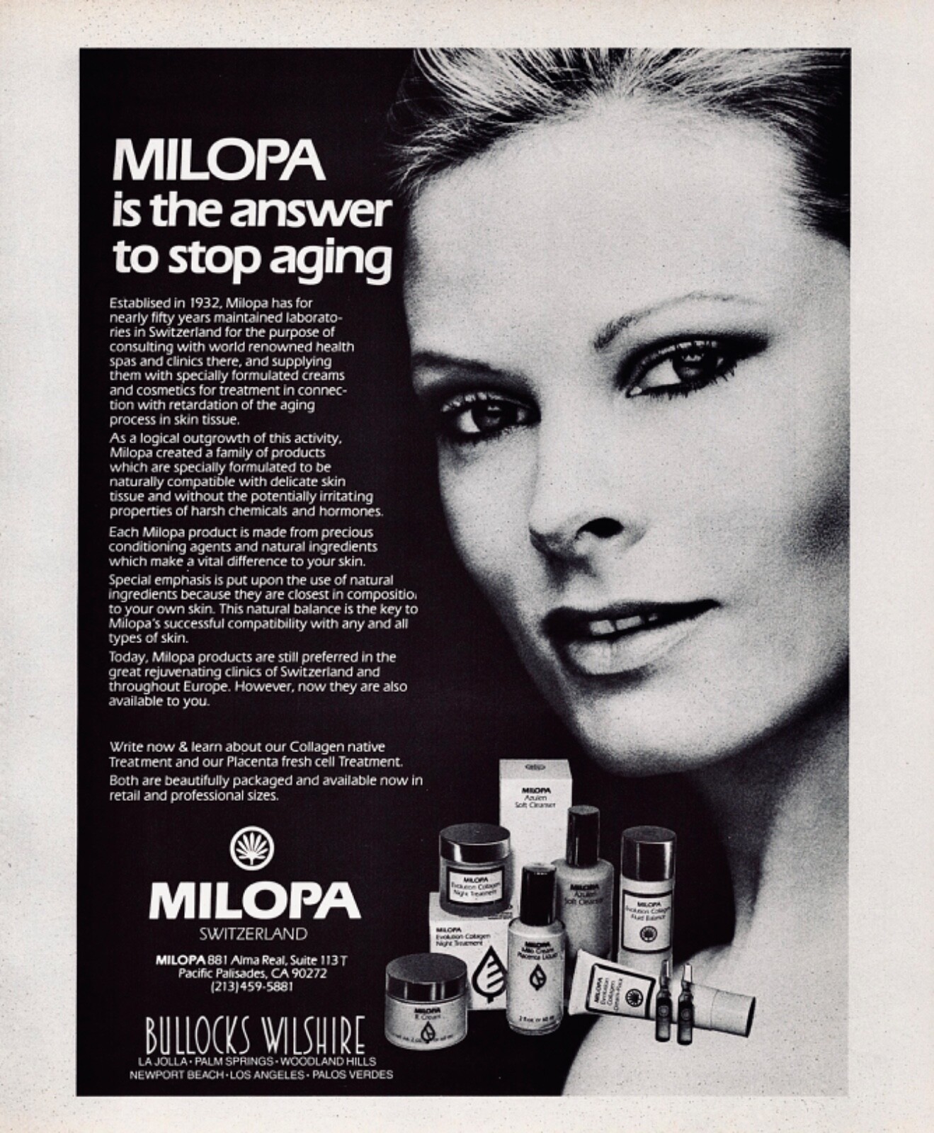 1982 MILOPA SWITZERLAND Skin Care To Stop Aging vintage 1-Page MAGAZINE ...