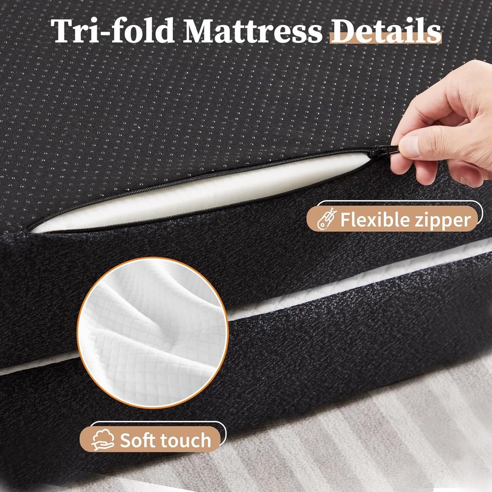 4" Tri-Fold Memory Foam Mattress Foldable Mattress Topper with Washable ...