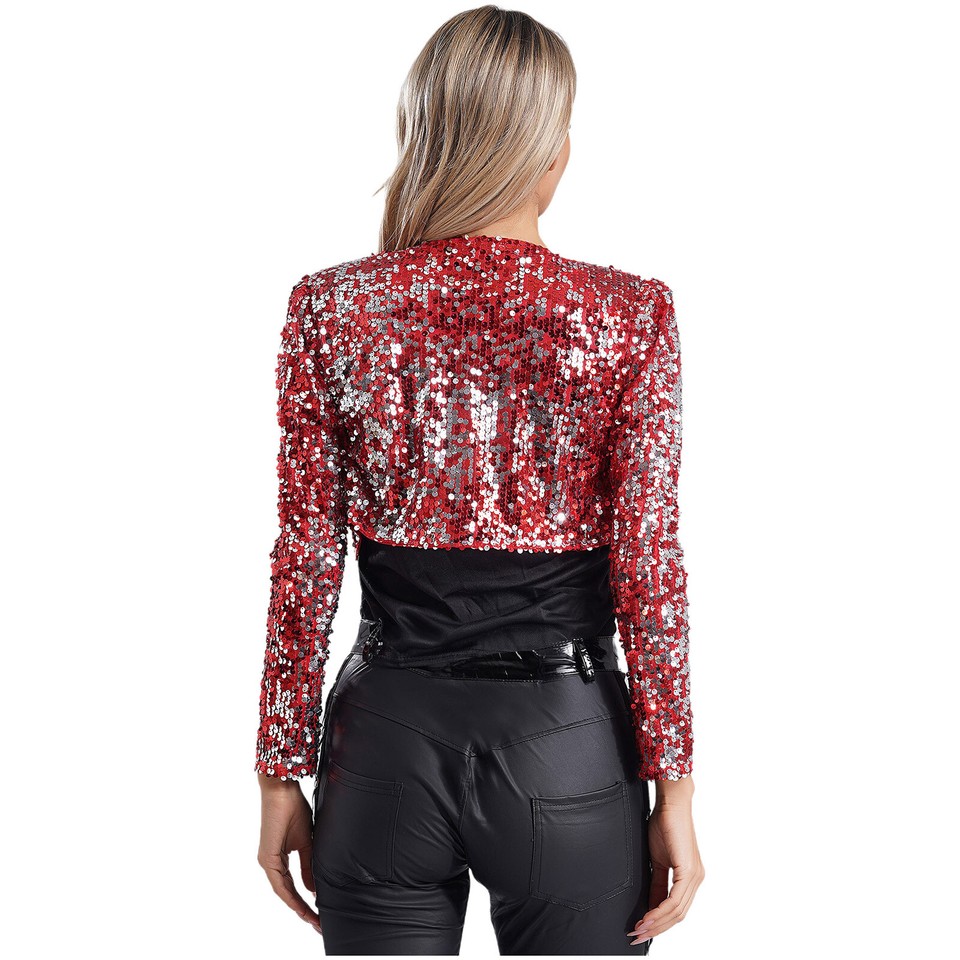 Womens Open Front Sequin Cropped Blazer Shrug Bolero Cardigan Glitter ...