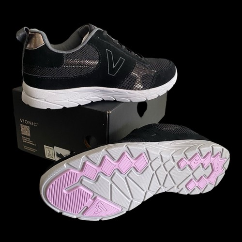 Vionic Womens Size 8 Black Silver Sneaker Running Walking Suede Mesh ...