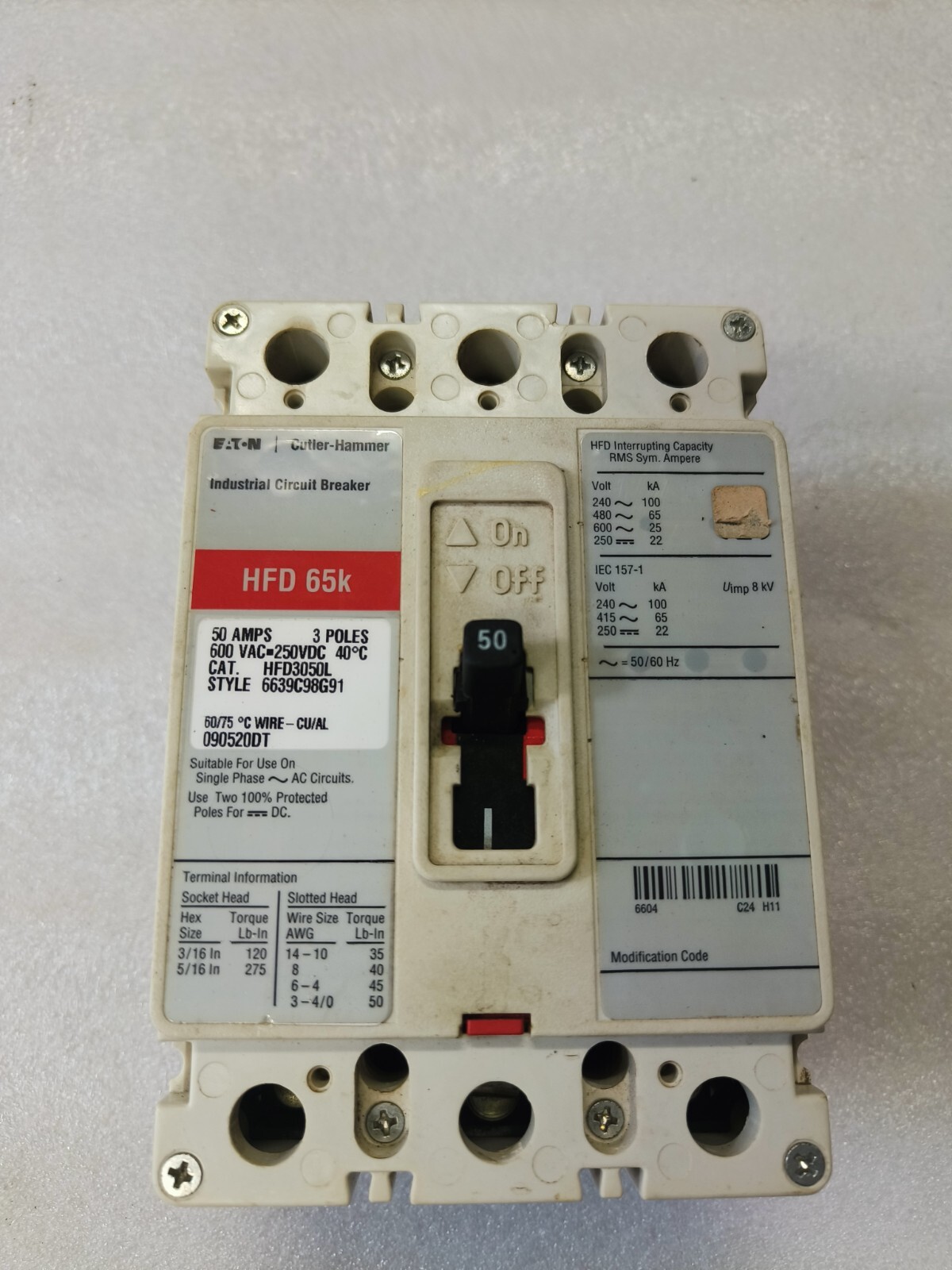 EATON Cutler Hammer HFD3050L HFD65K MOLDED CASE CIRCUIT BREAKER | eBay