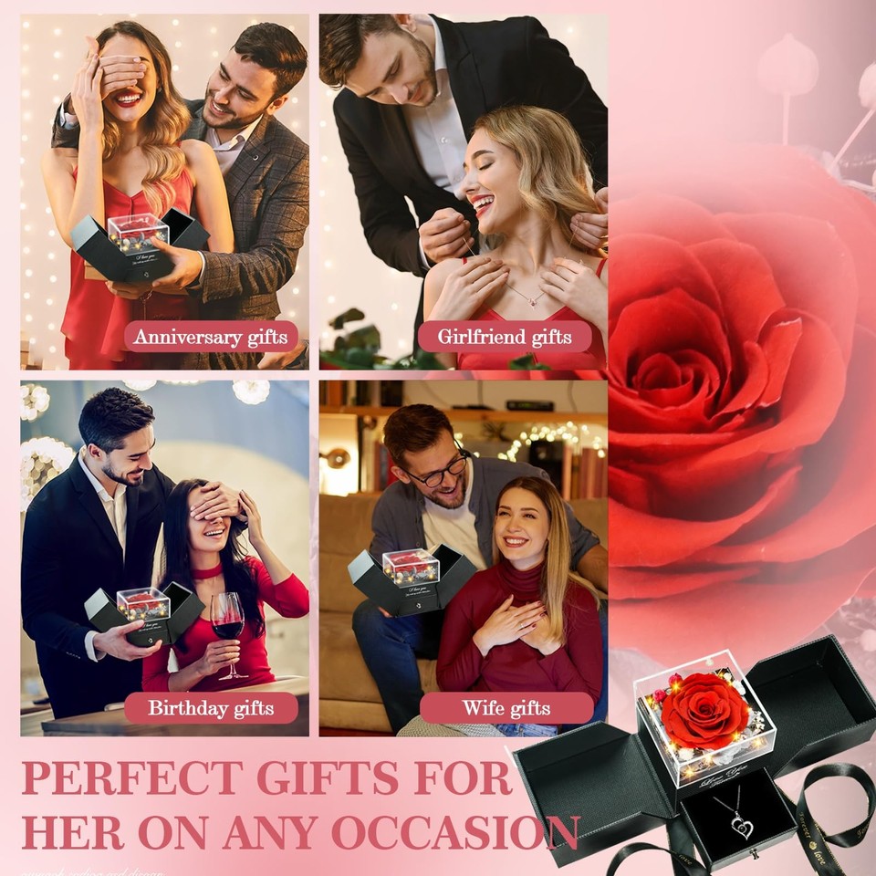 Birthday Gifts for Women, Preserved Real Roses with Heart Necklace I ...