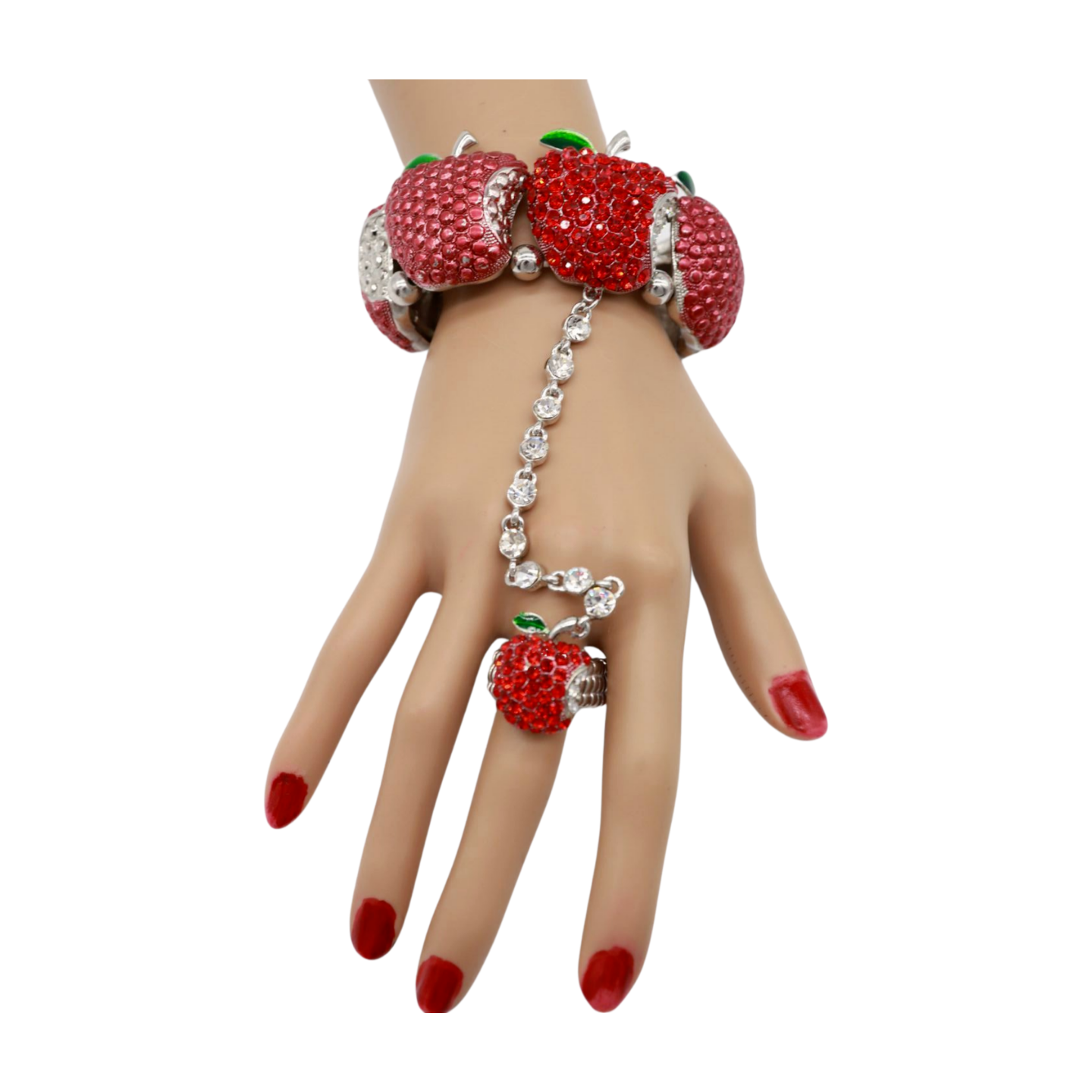 Women Silver Metal Hand Chain Red Apples Bracelet Connected Ring ...
