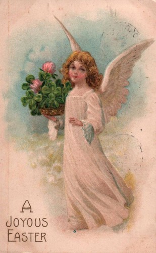 FULL-LENGTH ANGEL Holds ROSES, 4-LEAF CLOVERS On Vintage 1908 EASTER ...