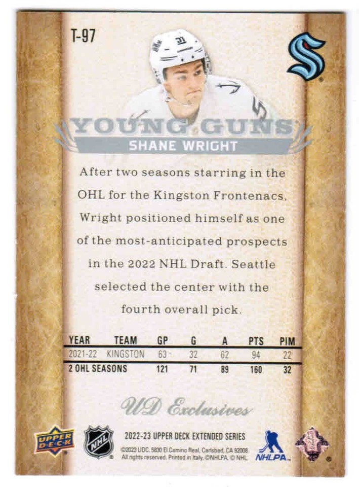 22/23 UD EXTENDED SHANE WRIGHT T-97 2007-08 RETRO YOUNG GUNS EXCLUSIVES ...