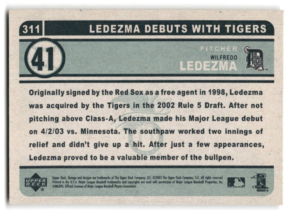 Wilfredo Ledezma 2003 Upper Deck Vintage Baseball #311 Detroit Tigers ...