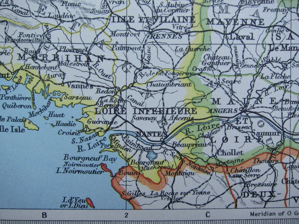1954 MAP ~ NORTH WEST FRANCE COTES DU NORD MAYENNE ORNE CALVADOS EURE ...