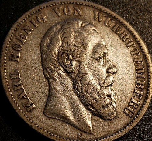1876 German Empire Funf 5 Mark .900 Silver Coin, Karl Koenig von ...