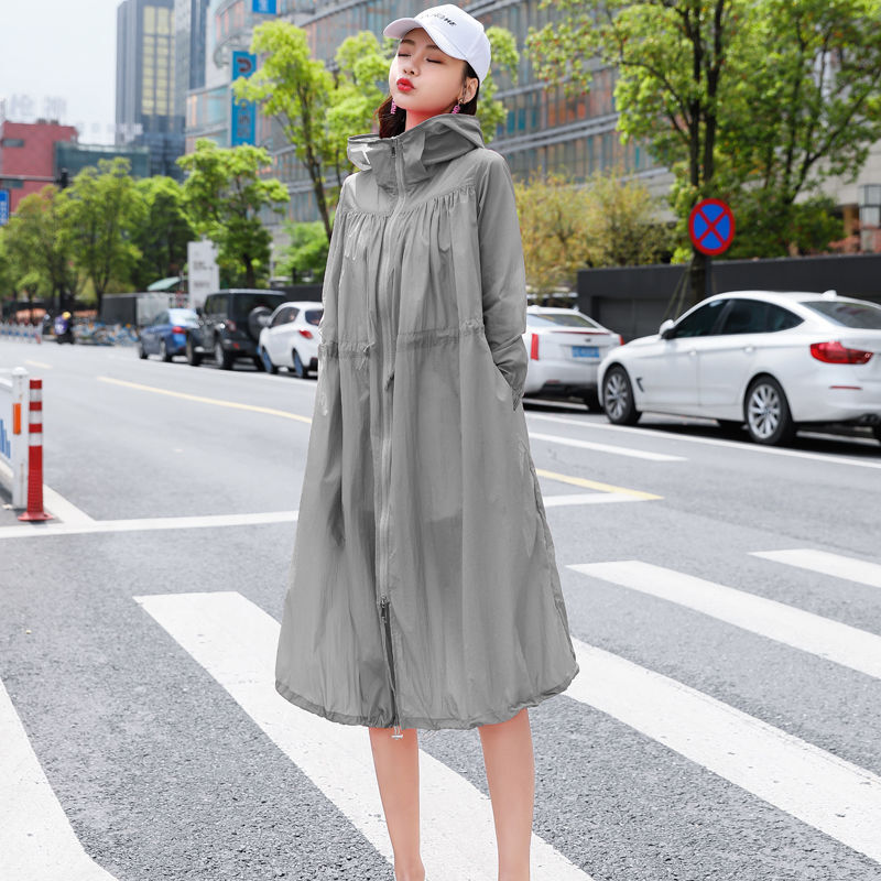 Women Hooded Midi Jacket Zip Sheer Windbreaker Dust Coat Sunscreen ...