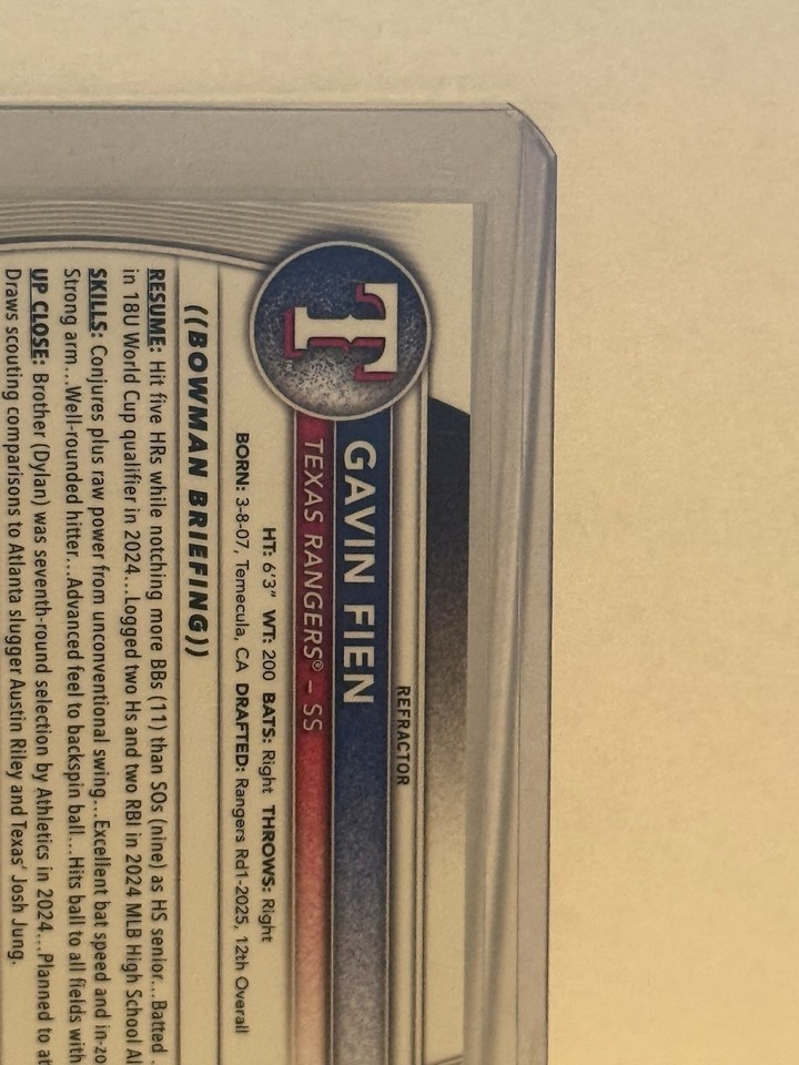 2025 BOWMAN DRAFT CHROME GAVIN FIEN 1st BOWMAN REFRACTOR AUTO SP /499 ...