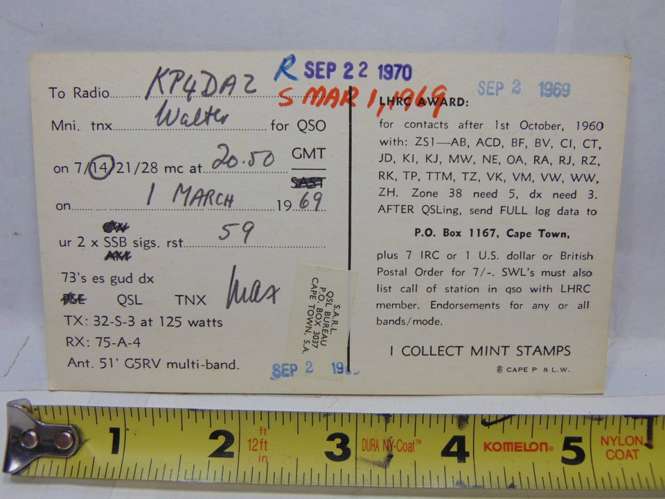VINTAGE QSL CARD AMATEUR RADIO HISTORY 1970 CAPE TOWN SOUTH AFRICA LION ...