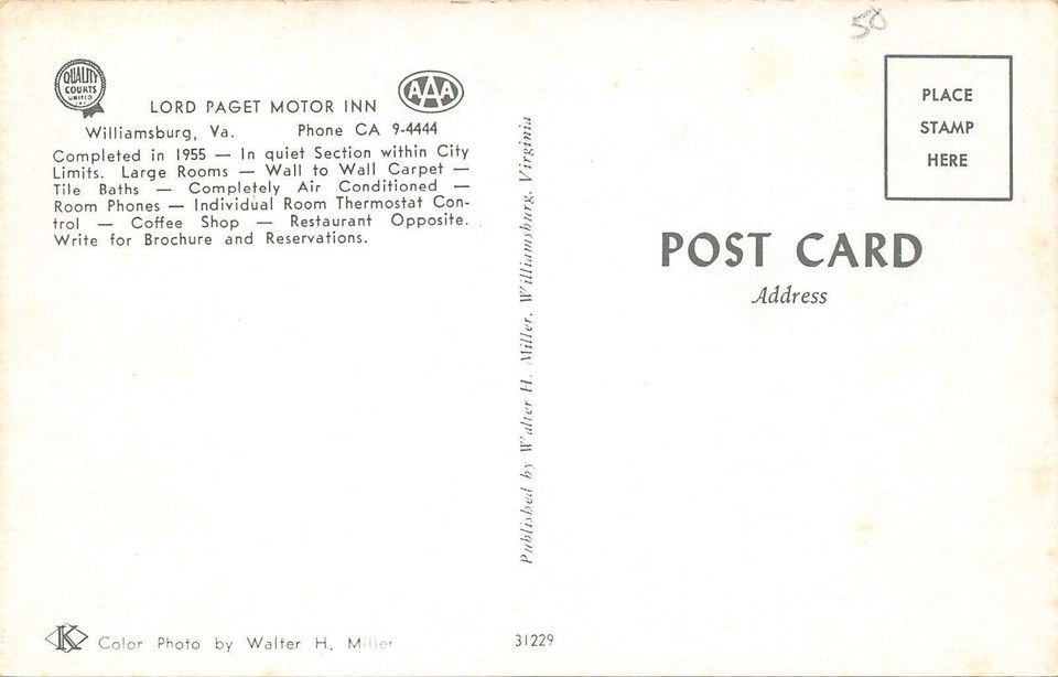Williamsburg Virginia~Lord Paget Motor Inn~Nice 1950s Cars Postcard | eBay