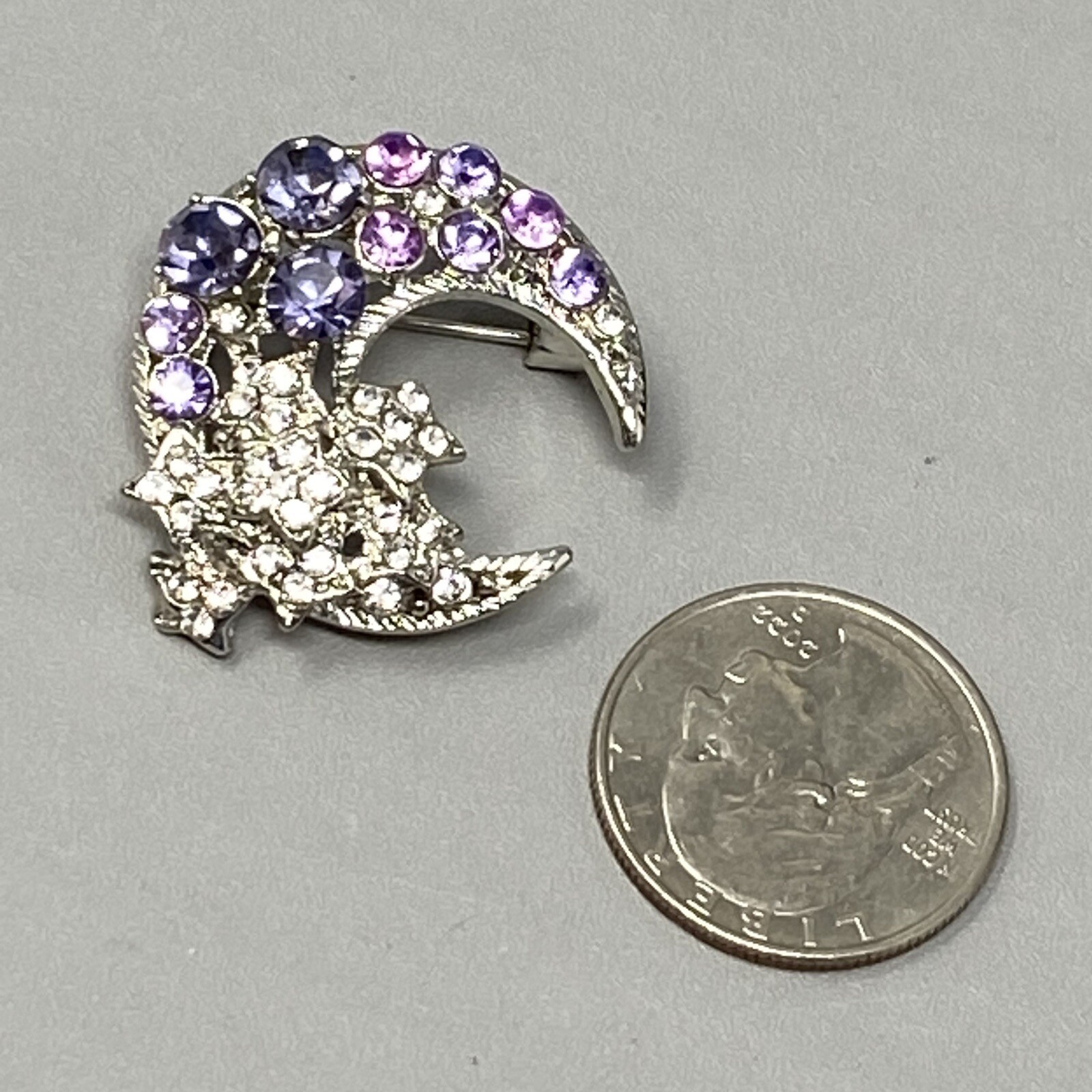 Half Moon Brooch Pin Pink Purple Glass Pave Rhinestones Stars Celestial ...