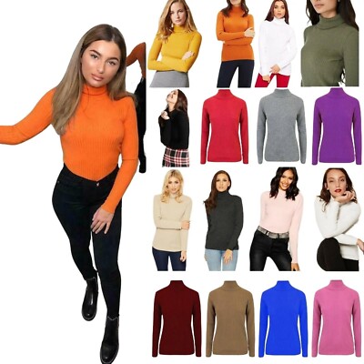 Ladies High Polo Roll Neck Long Sleeve Ribbed Knitted Jumper Sweater ...