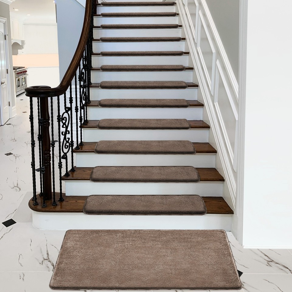 PURE ERA Bullnose Plush Soft Carpet Stair Treads 14pc Set Non-Slip Self ...