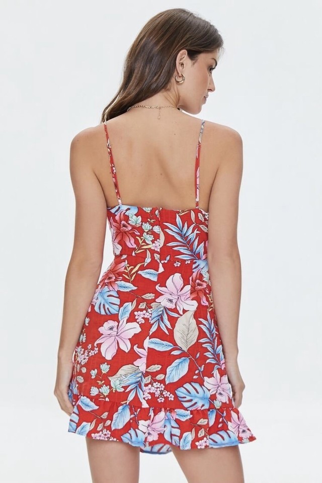 Forever21 red tropical floral print lace-front cut out sundress size ...