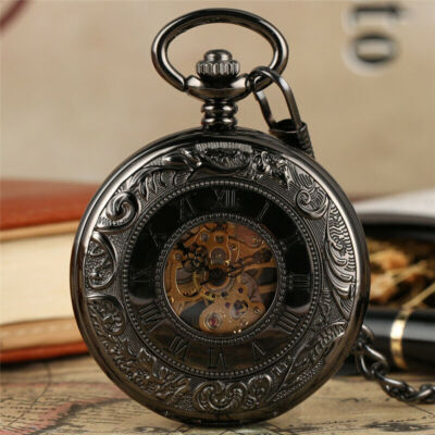 Retro Roman Numbers Dial Skeleton Mechanical Hand Winding Pocket Watch ...
