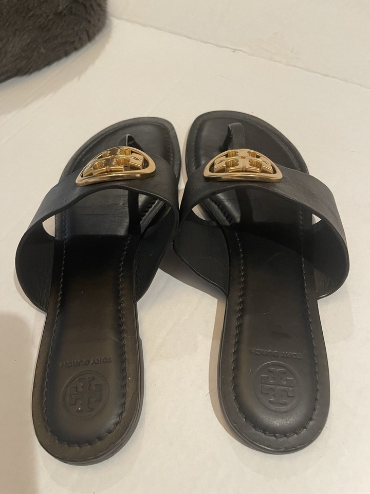 Tory Burch Women’s Black Leather Sandals Size 9 1/2 With Gold Emblem | eBay
