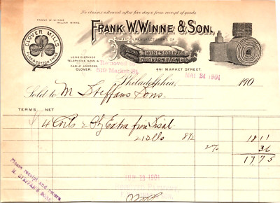 Winne & Son Philadelphia PA 1901 Billhead Twines Cordage Burlap Bags ...