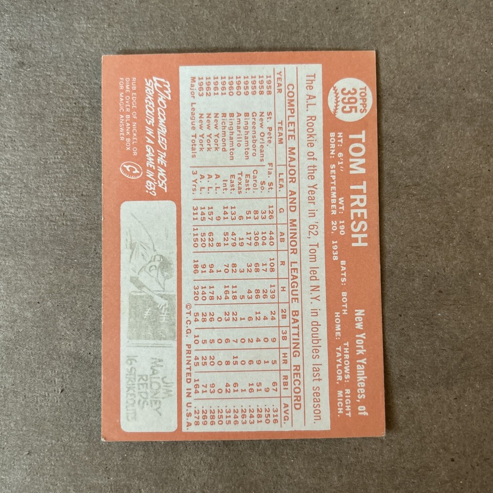 1964 Topps Baseball Tom Tresh New York Yankees Card #395 | eBay