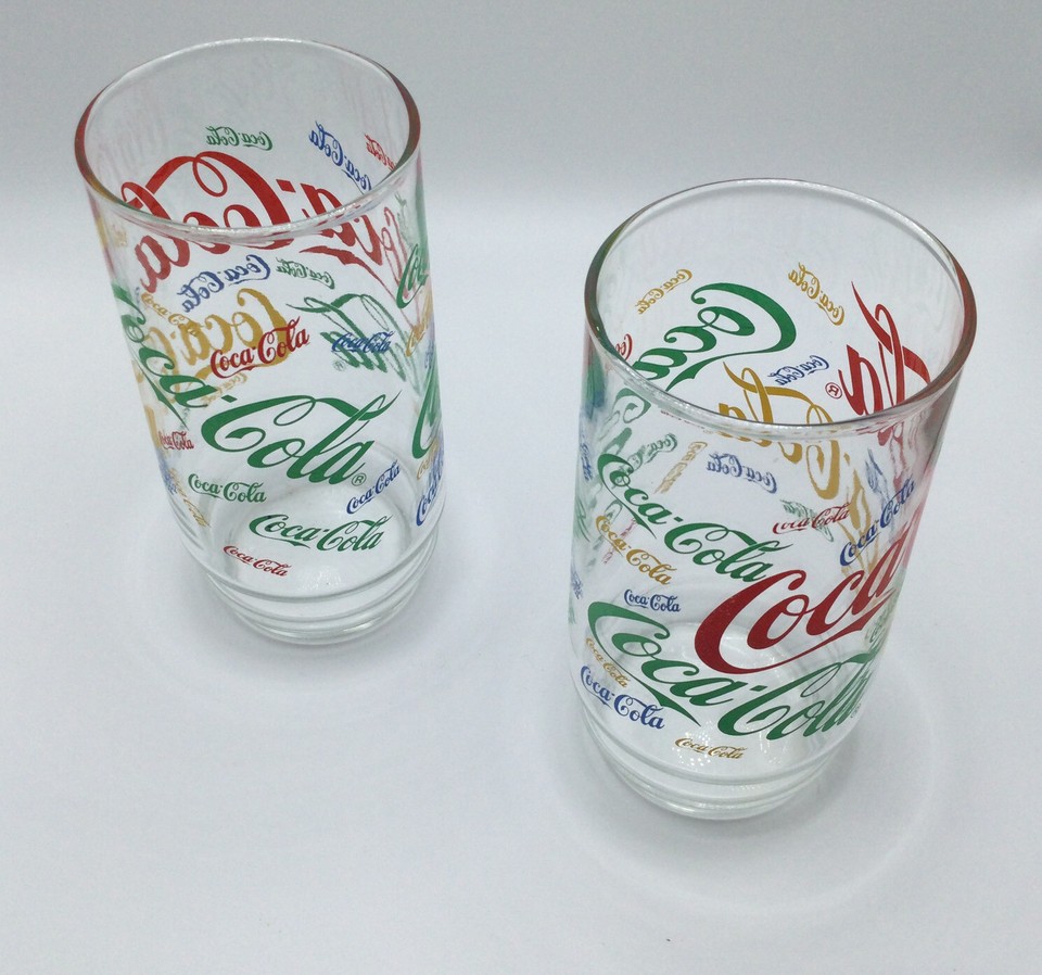 Vintage Coca Cola Multi Colored Logos Clear Glass Tumblers 5.75" 12 oz ...