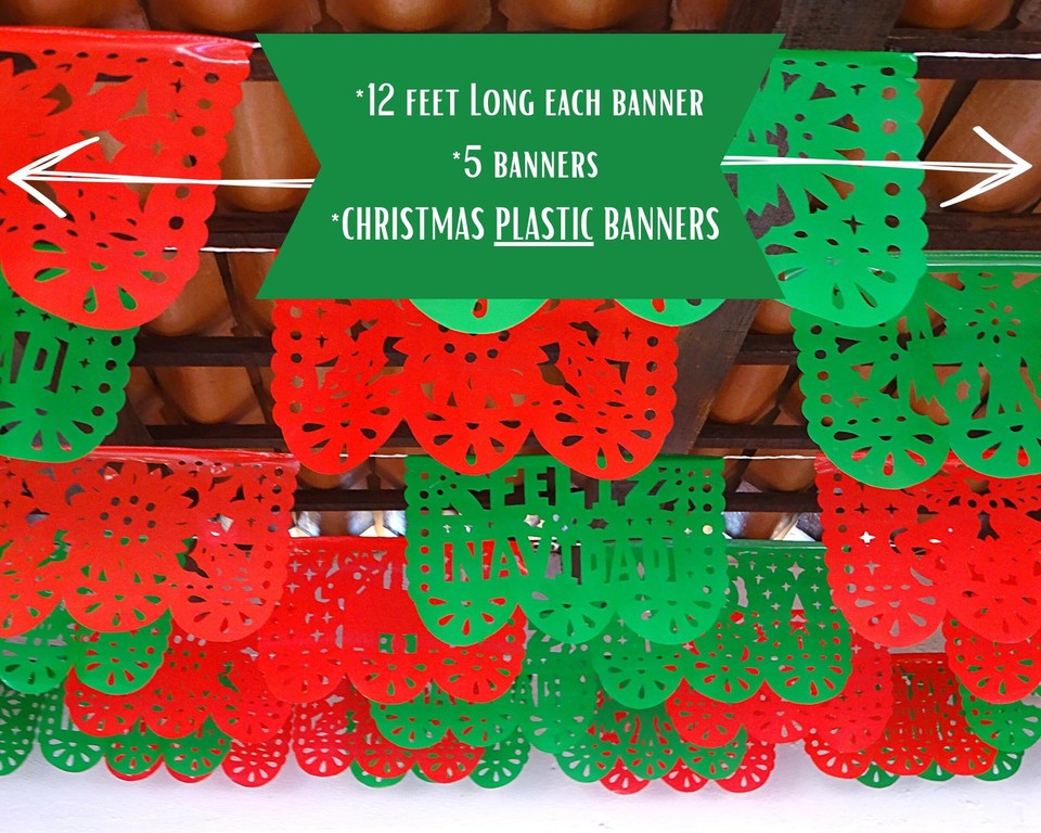 Feliz Navidad Decorations, Mexican Christmas Papel Picado Banners, Red ...
