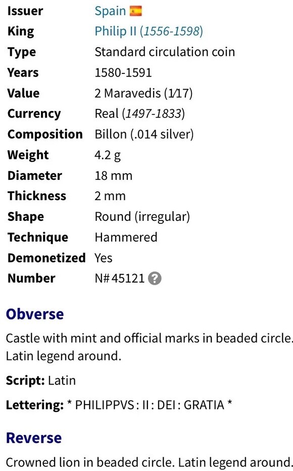 1580-1591 Spanish Coin with 1654 Counterstamp Maravedis Castle Lion ...