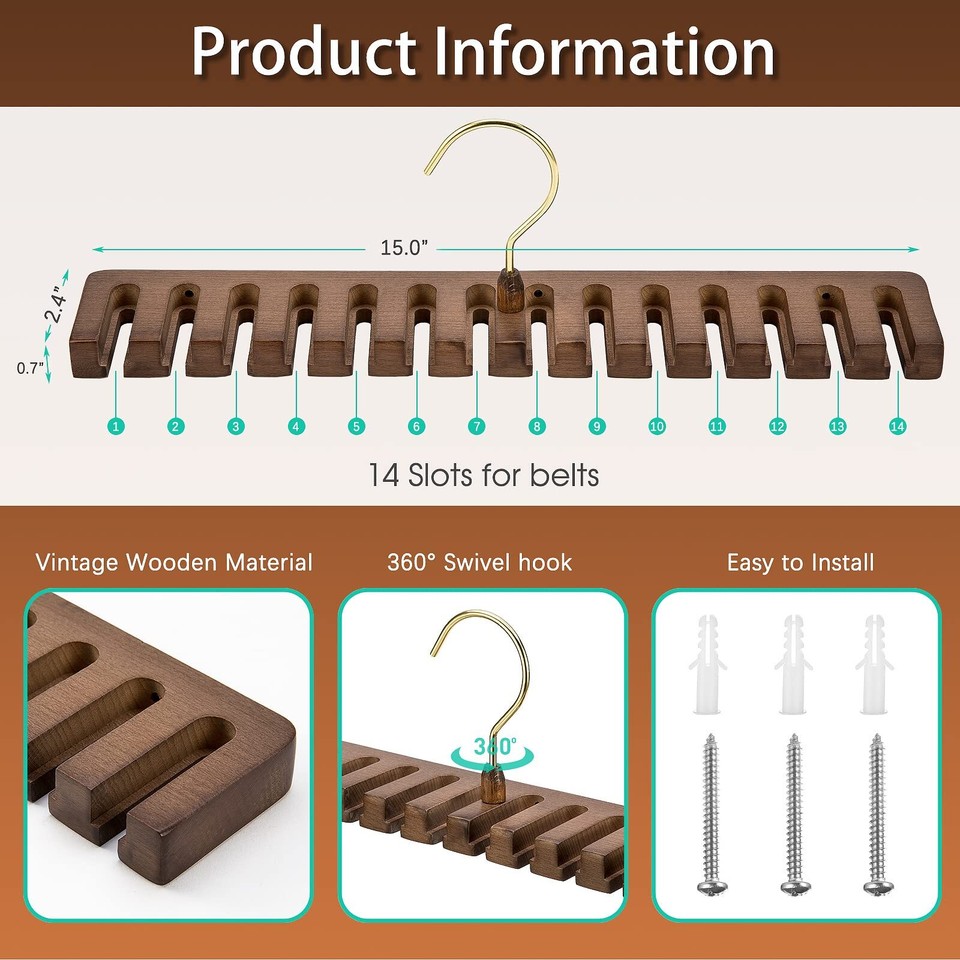 Wooden Belt Rack for Closet Wall Mount Sturdy Belt Hanger Organizer ...