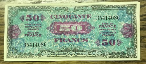 Vintage 1944 WWII 50 Franc Banknote Paper Money France Europe Cinquante ...