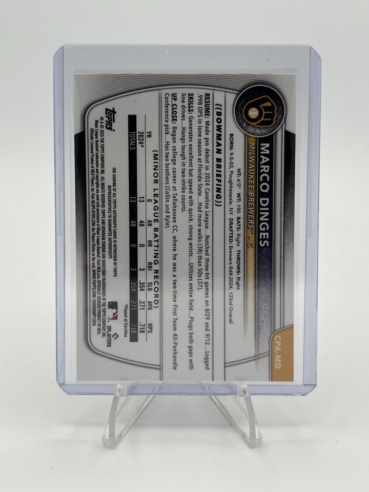 Marco Dinges 2025 Bowman Chrome 1st Auto Reptilian 10/10 Brewers ...