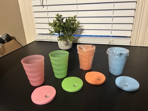 Tupperware Impressions Ribbed 16 Oz Tumbler Drip- Less W/Straw Lids Set ...