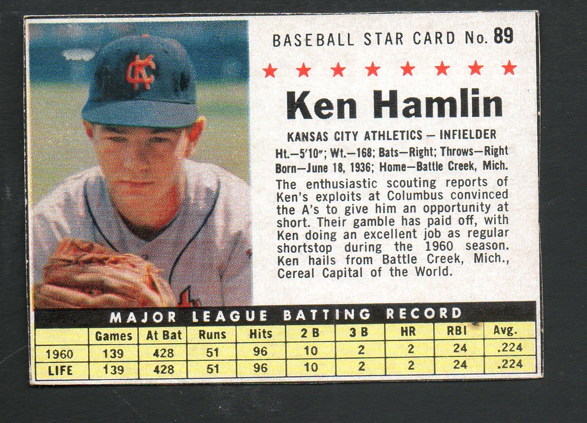 1961 Post Baseball Card #89A Ken Hamlin-Kansas City Athletics Ex Mint ...