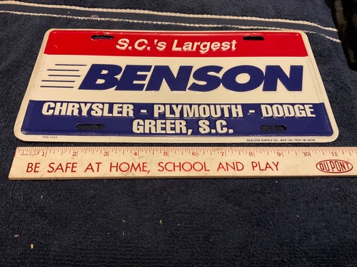 Dealership License Plate Vintage Benson Chrysler Plymouth Greer SC ...