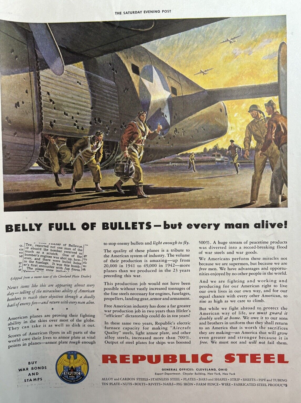 1942 Republic Steel WWII Belly Full Of Bullets Plane Men Alive VTG ...