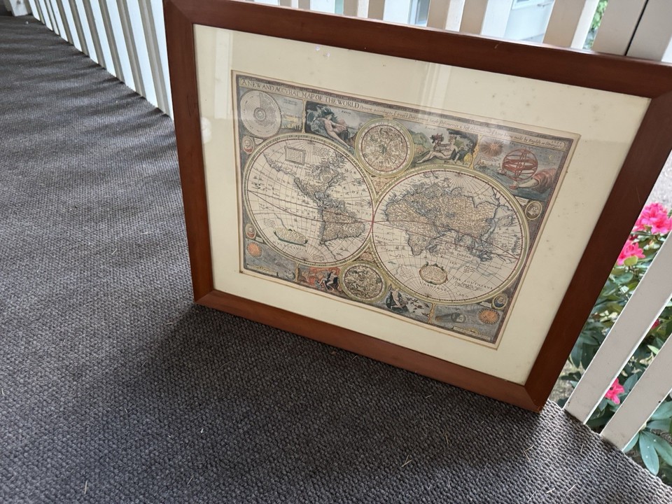 Framed Antique World Map Print Old Style Double Hemisphere Vintage ...