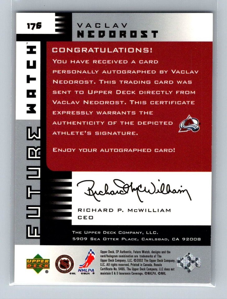 2001-02 SP Authentic - Future Watch Vaclav Nedorost #176 /900 (AU, RC ...