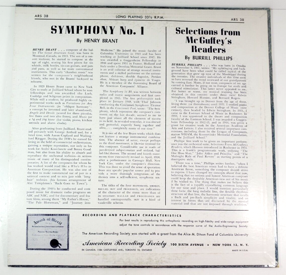 Henry Brant - Symphony No. 1 /Selections From McGuffey's Readers Vinyl ...