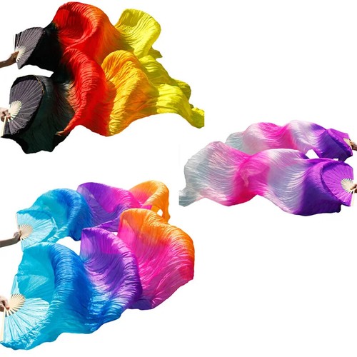 Belly Dance Silk Fan Long Silk Fans 1 Pair Gradient Color Practice ...