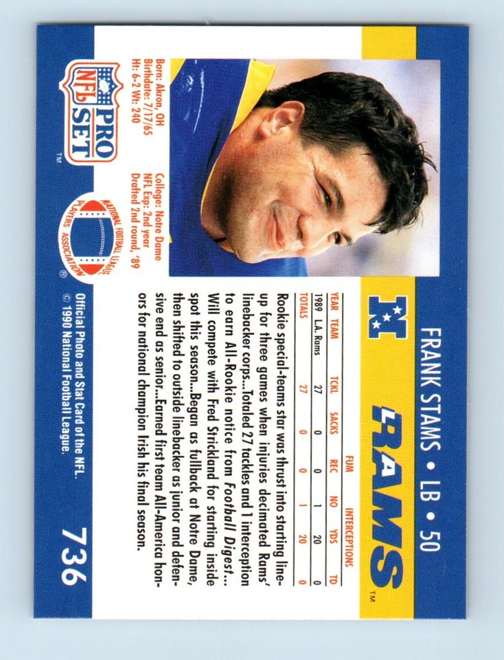 1990 Pro Set Frank Stams Los Angeles Rams #736 | eBay