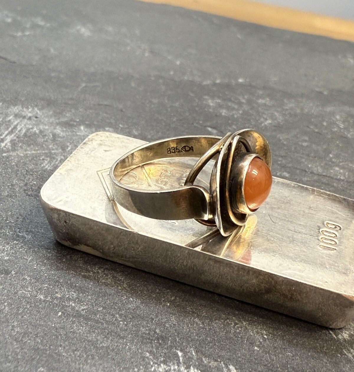 Vintage Ring 835 Silver Fish Country Amber Old RG: 54 - Gem