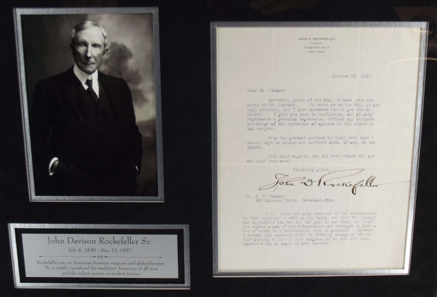 John D. Rockefeller Typed Signed Letter Framed Display JSA ...