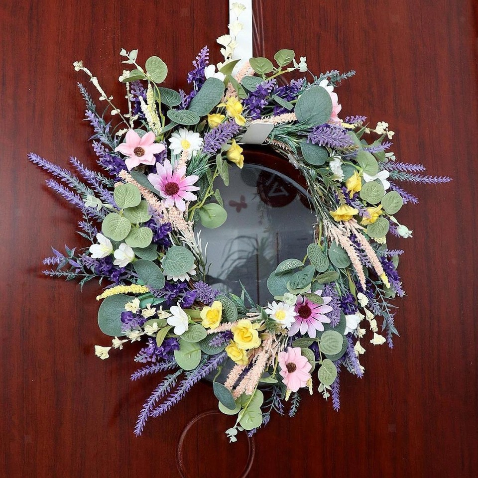 Lavender Flower Wreath Artificial with Green Leaves Rustic 19 inch ...