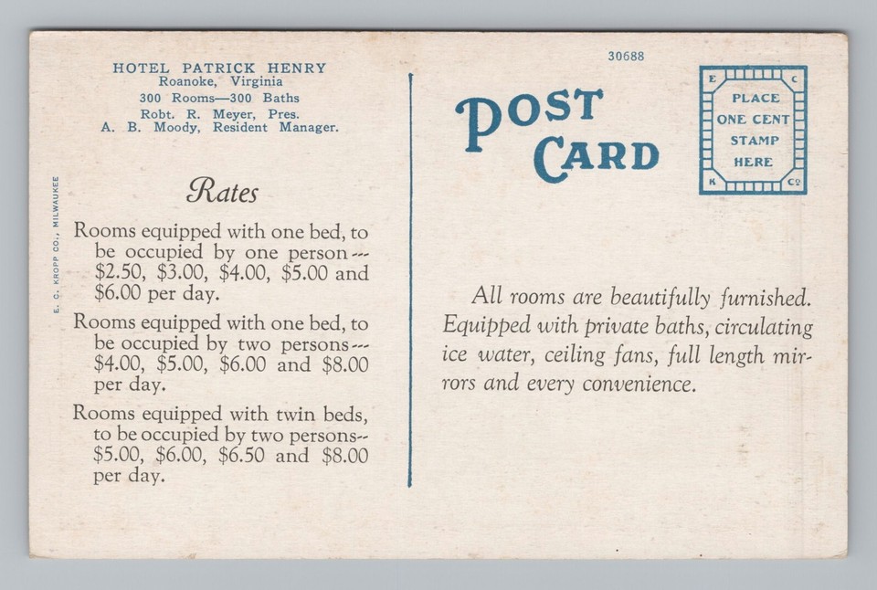 Postcard Advertising Hotel Patrick Henry Roanoke Virginia With ROOM ...