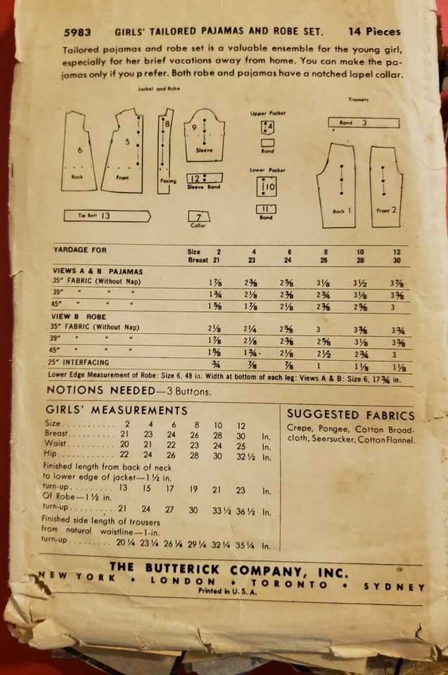 Vtg Butterick pattern 5983 Girls' Tailored Pajamas & Robe set size 8 ...