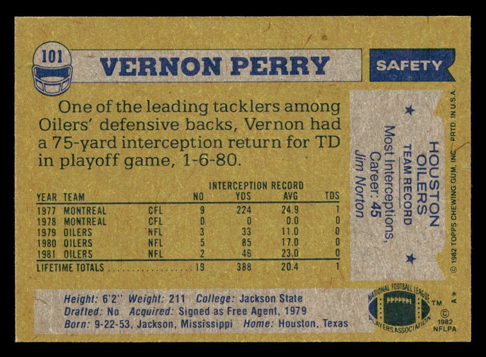 Vernon Perry 1982 Topps Card #101 Houston Oilers | eBay
