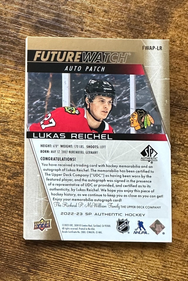 2022-23 SP Authentic Future Watch Patch Auto RC #FWAPLR Lukas Reichel ...