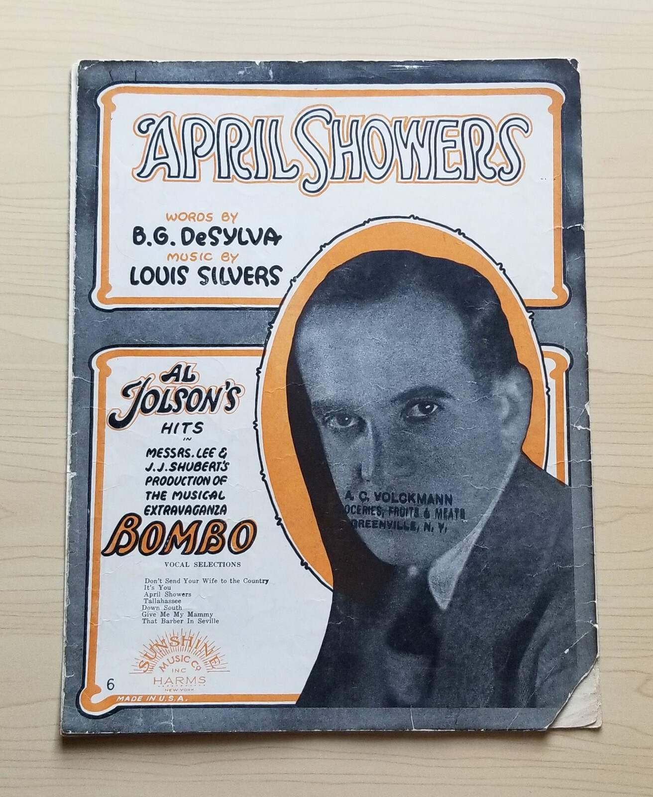 1921 APRIL SHOWERS AL JOLSONS HITS BOMBO SHEET MUSIC { COVER DETACHED ...